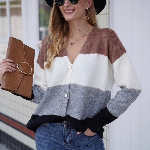 V Neck Wide Stripped Button Down Sweater Tan – Stunning Mystery